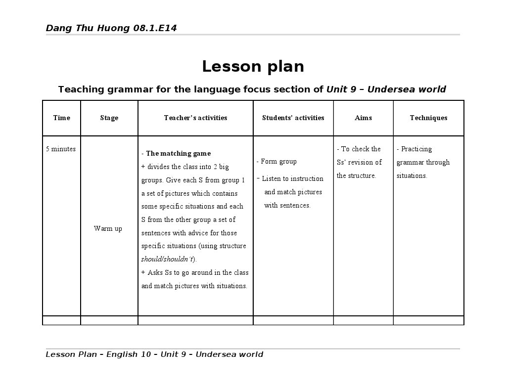 Grammar Focus Lesson Plan: Unit 9 | PDF | Lesson Plan | Sentence ...