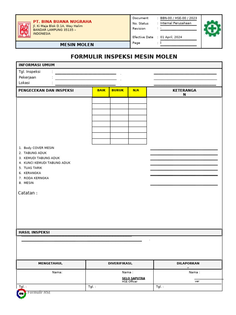 FORM Inspeksi Mesin Molen | PDF