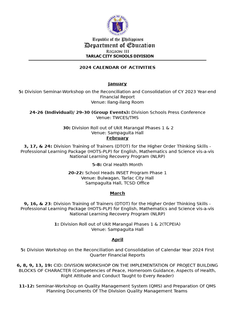 2024 Activities Calendar for Education | PDF | Learning | Cognition