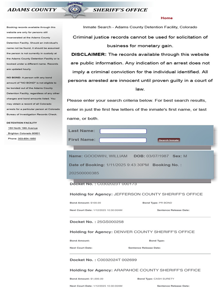 Inmate Search - Adams County Detention Facility, Colorado | PDF | Bail ...