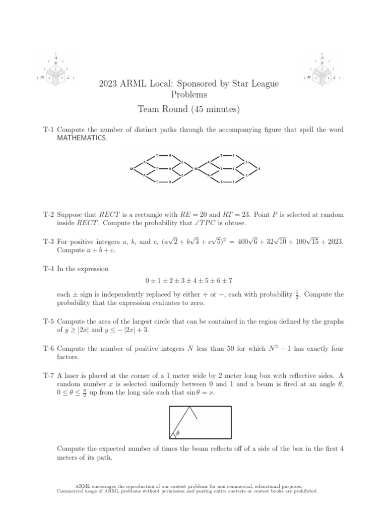 2023 ARML Local Competition Problems | PDF | Numbers | Square Root