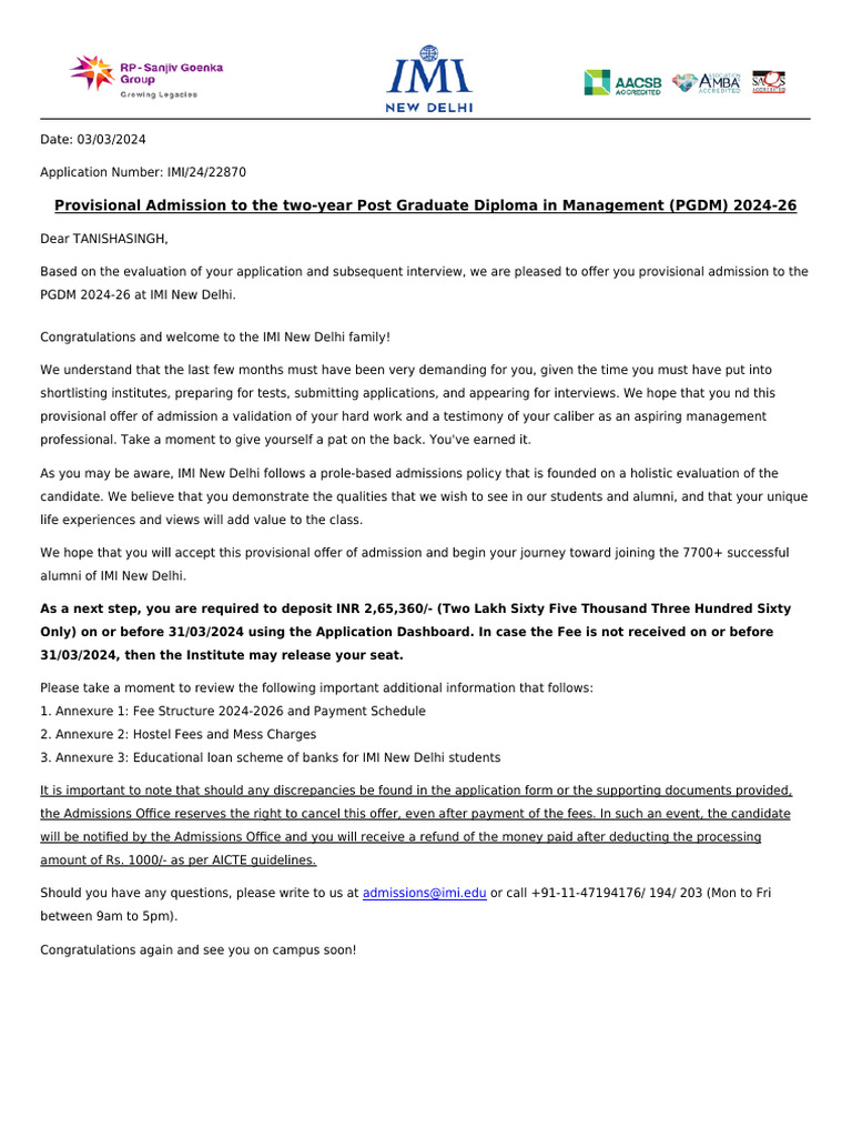 IMI Delhi PGDM Admission Offer 2024-26 | PDF