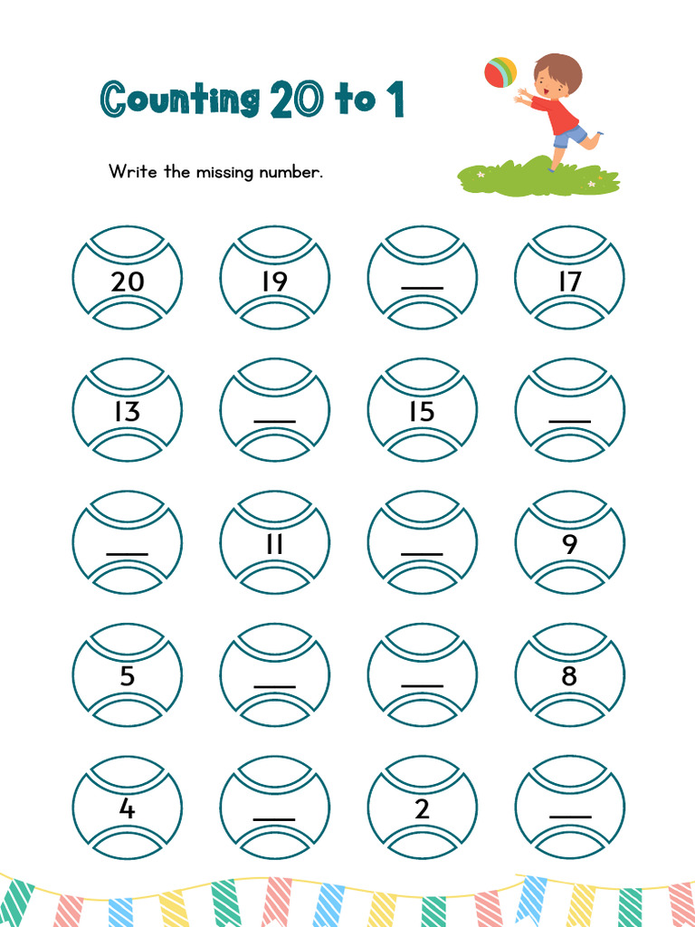 Blue Green Counting 20 To 1 Worksheet | PDF