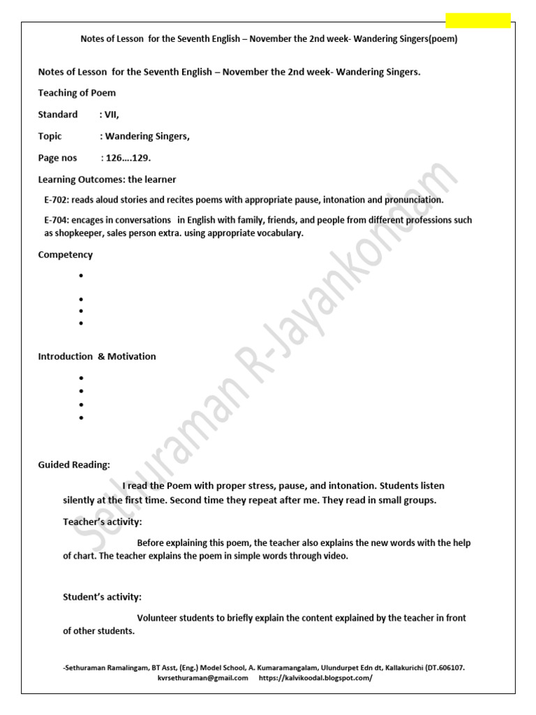Notes of Lesson For The Seventh English - November The 2nd Week ...