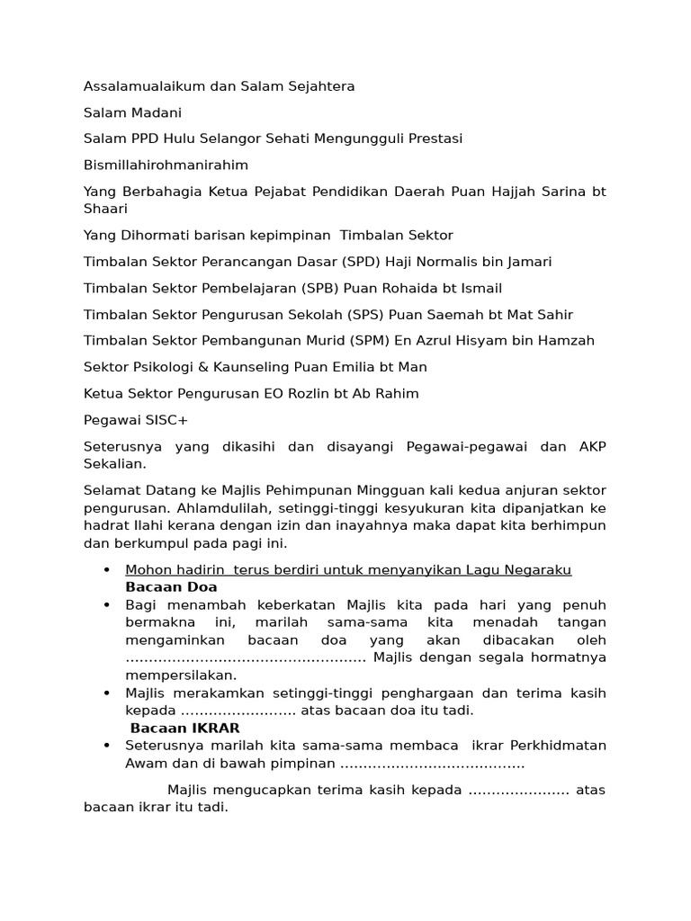 Skrip Pengacara Majlis Perhimpunan Mingguan | PDF