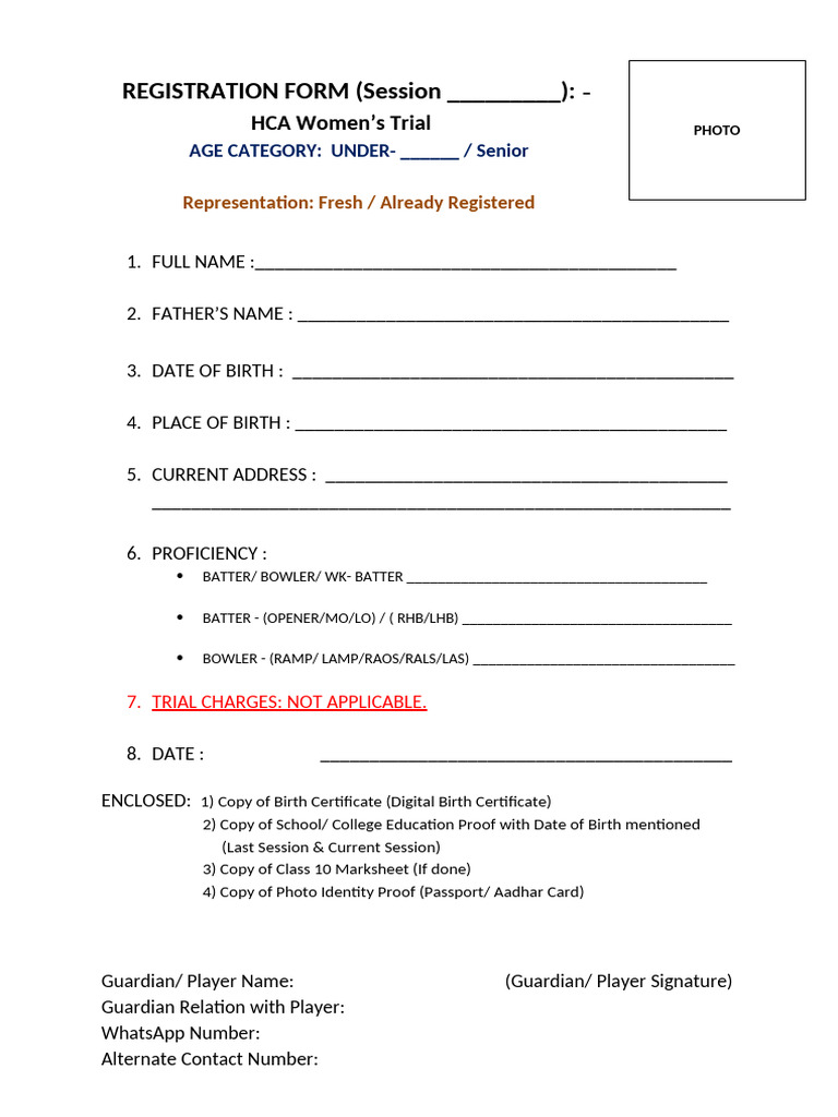 Trial Registration Form (Women's) | PDF