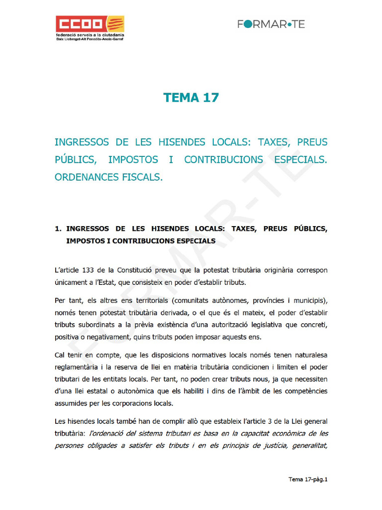 Tema 17 Ingressos de Les Hisendes Locals Taxes, Preus Públics, Impostos I Contribucions ...
