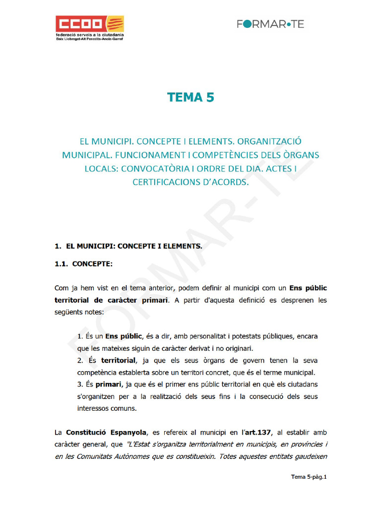 Tema 5. El Municipi. Concepte I Elements. Organització Municipal. Funcionament I Competències ...