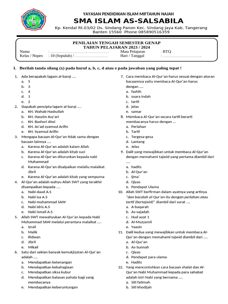 BTQ PTS SMA Genap 2024 | PDF
