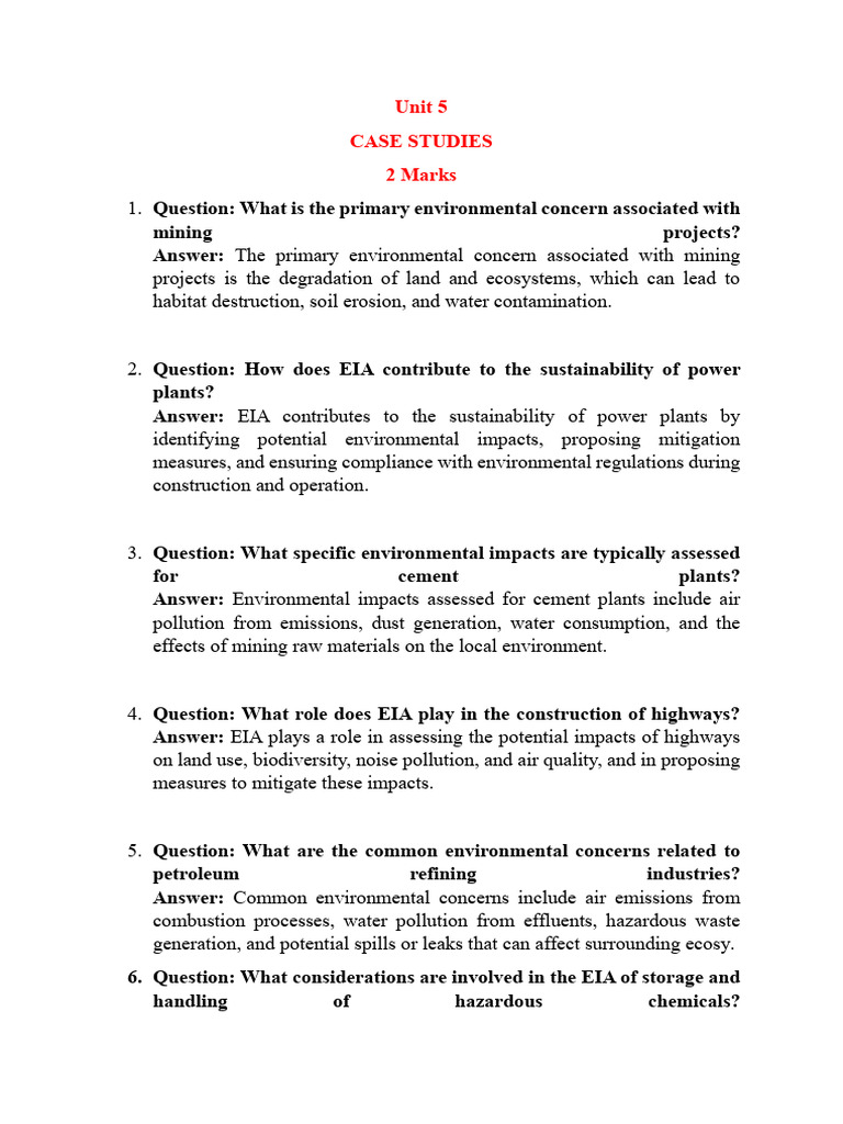 EIA-Unit 5 CASE STUDIES - 2 Marks | PDF | Waste | Environmental Impact ...