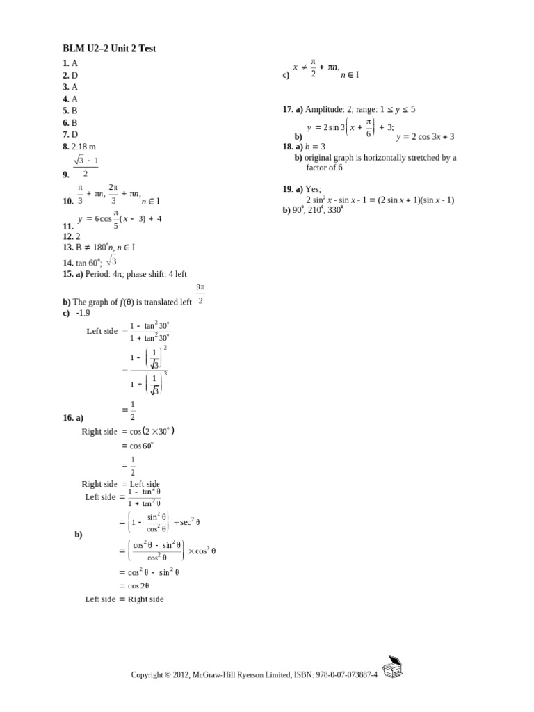 Math30 1 - U2 - Unit 2 Exam - BLM Ans | PDF