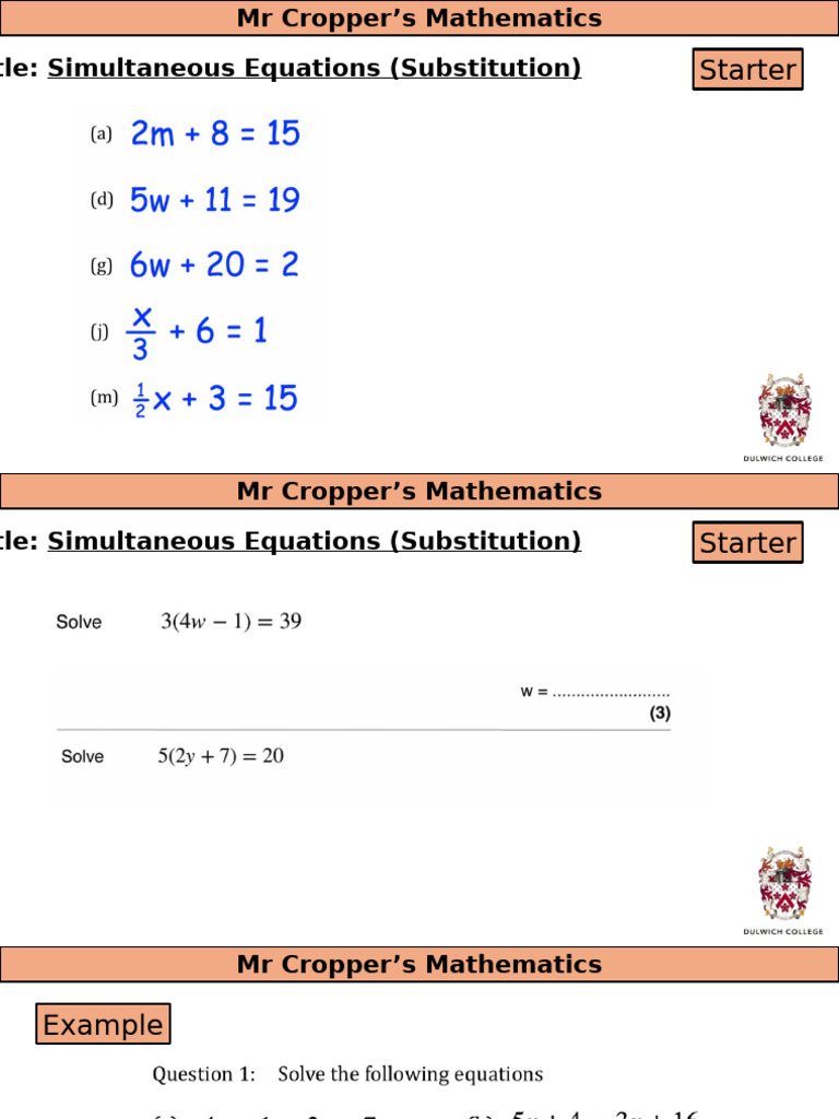 Year 9 - Simultaneous Equations Substitution | PDF | Equations ...