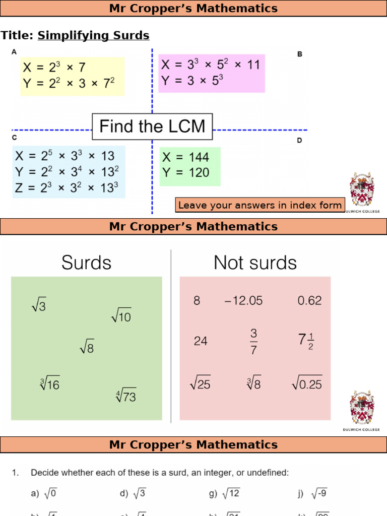 Year 9 - Simplifying Surds | PDF