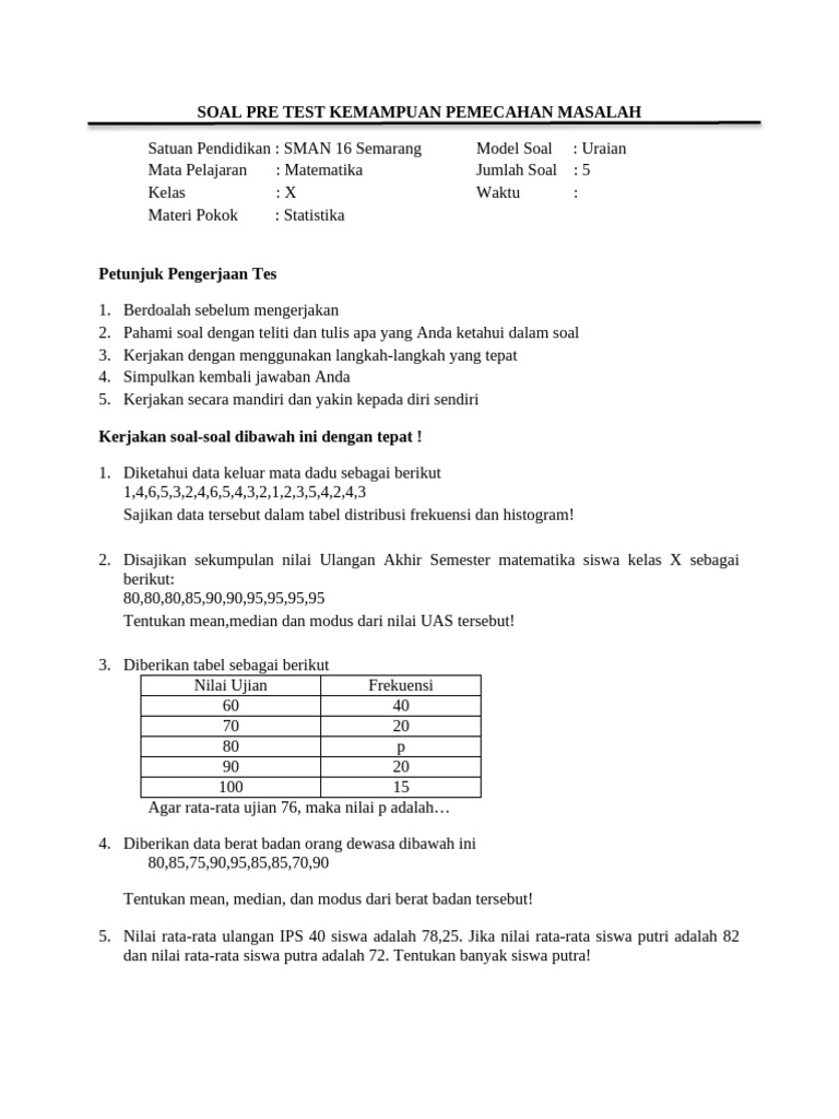 Soal Pre Test Statistika Kelas X | PDF