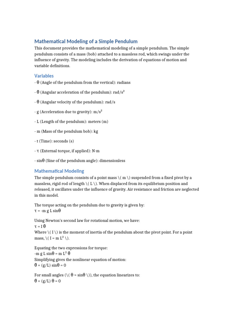 Simple Pendulum Modeling | PDF