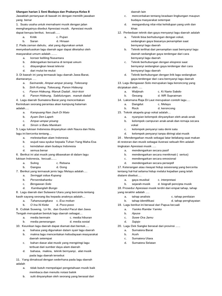 Soal UH 1 SBDP Kelas 8 | PDF