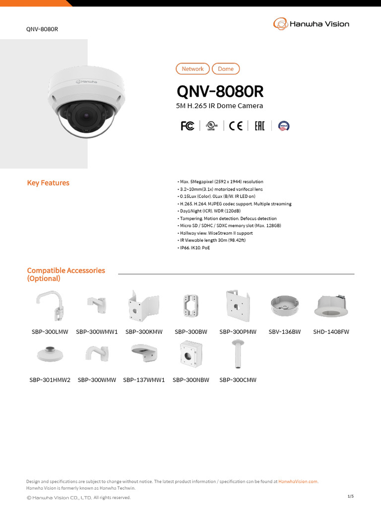 QNV-8080R 5MP IR Dome Camera Specs | PDF | Data Transmission | Network Protocols