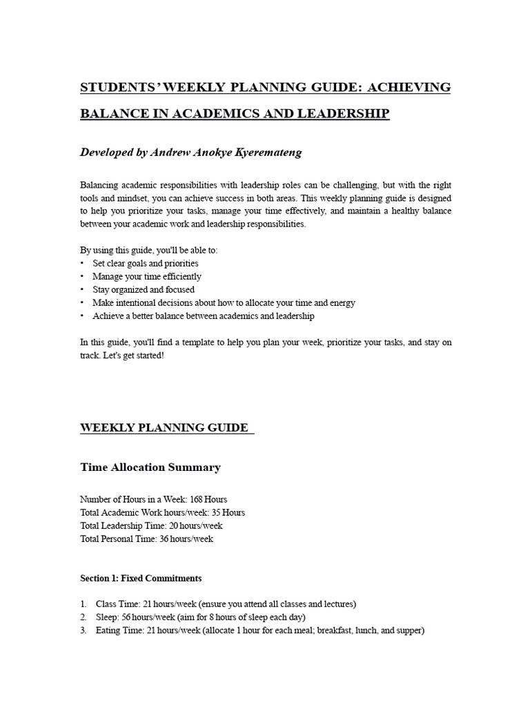 Weekly Planning Guide for Students | PDF