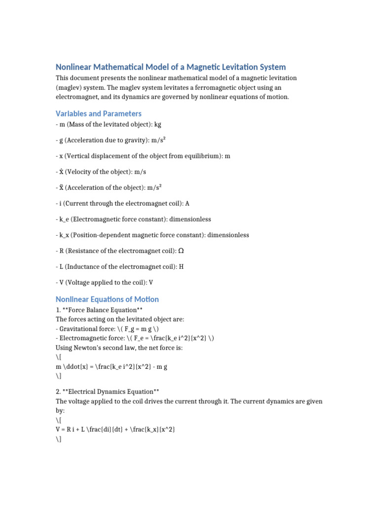 Nonlinear Maglev System Model | PDF
