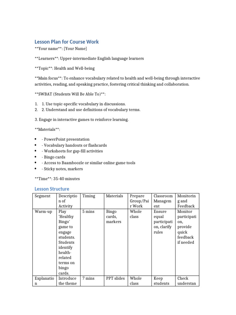 Health and Well-Being Lesson Plan | PDF | Lesson Plan | Vocabulary