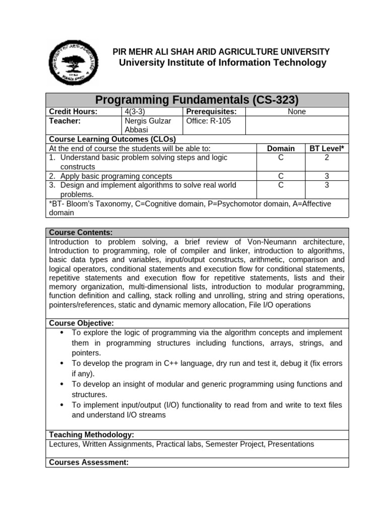 Course Outline PF | PDF | Pointer (Computer Programming) | Control Flow Course Outline PF | PDF | Pointer (Computer Programming) | Control Flow