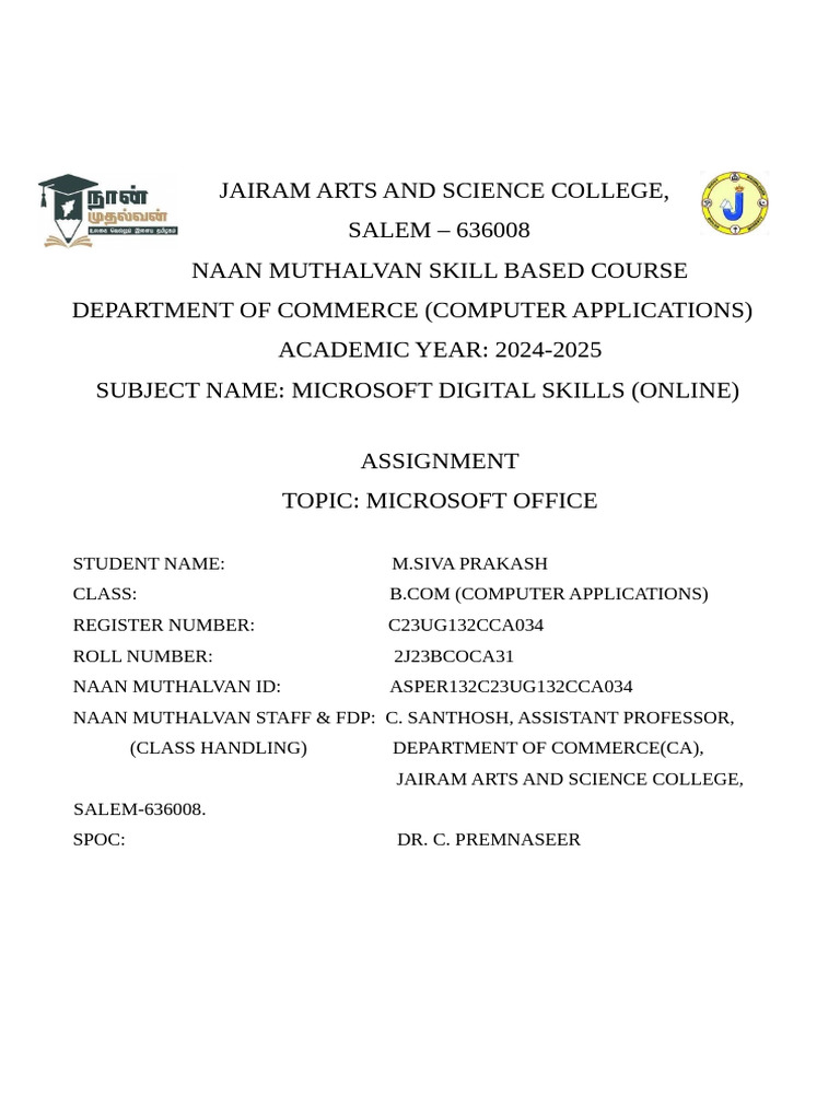Sivakumar C23ug132cca034 | PDF | Microsoft Word | Microsoft Excel