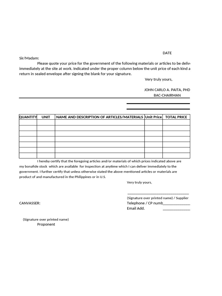 Price Quotation Canvass Form Sample | PDF