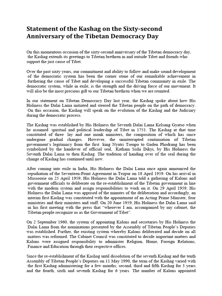 Statement of The Kashag in English | PDF | Government | Tibet