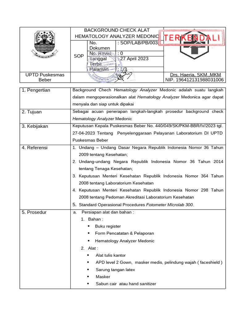 Sop Background Check Alat Hematology Analyzer Medonic | PDF