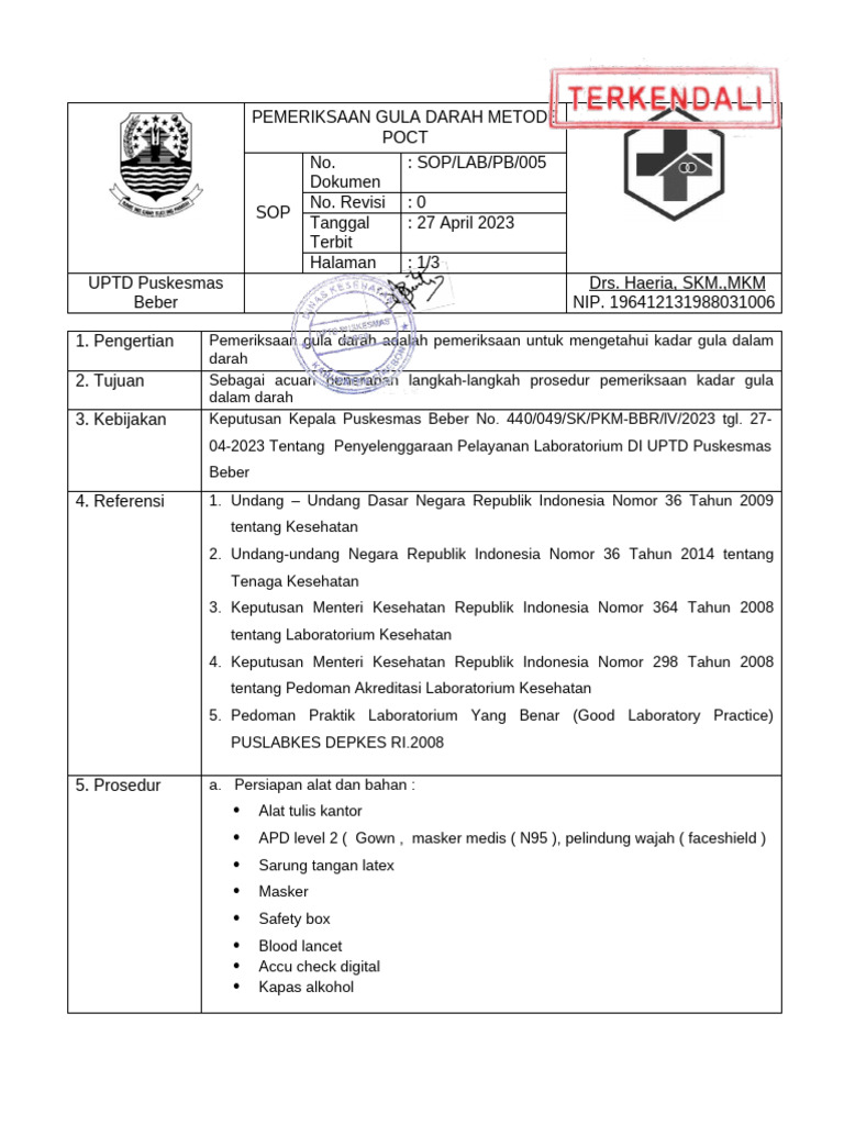 Sop Pemeriksaan Gula Darah Metode Poct | PDF