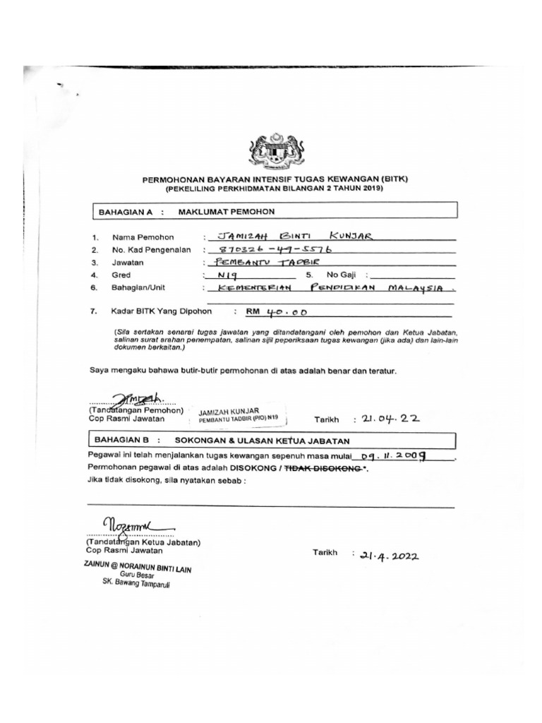 Permohonan Bayaran Intensif Tugas Kewangan (Bitk) PDF | PDF