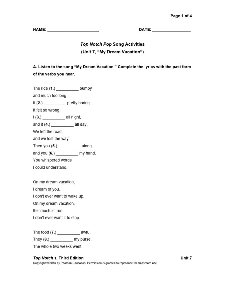 Dream Vacation Song Activities | PDF