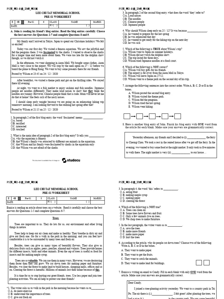 P5 Reading Comprehension Worksheet | PDF | Sandwich | Trees