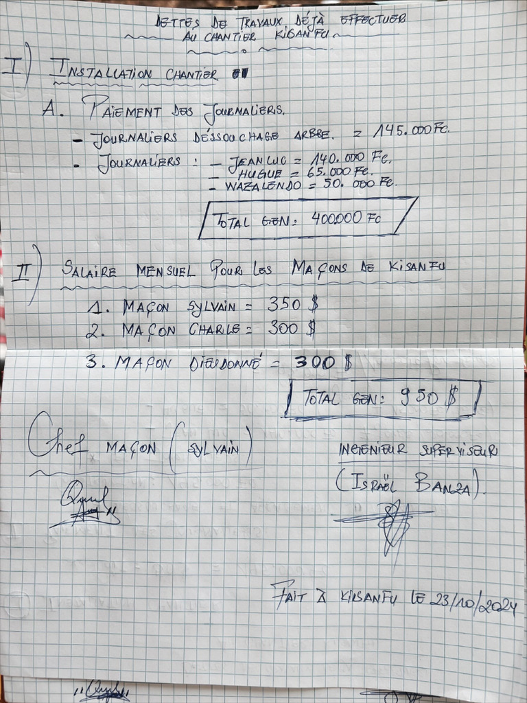 RAPPORT MENSUEL CHANTIER KISANFU (Octobre2024) | PDF