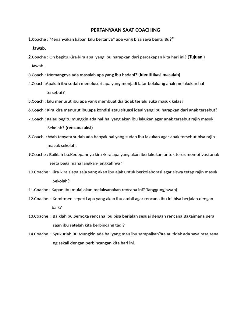 Contoh Pertanyaan Saat Coaching Sintha Ok | PDF