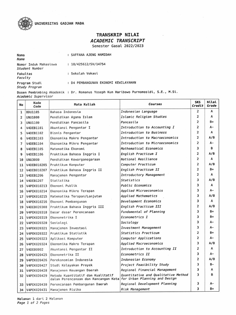 Transkrip Nilai | PDF