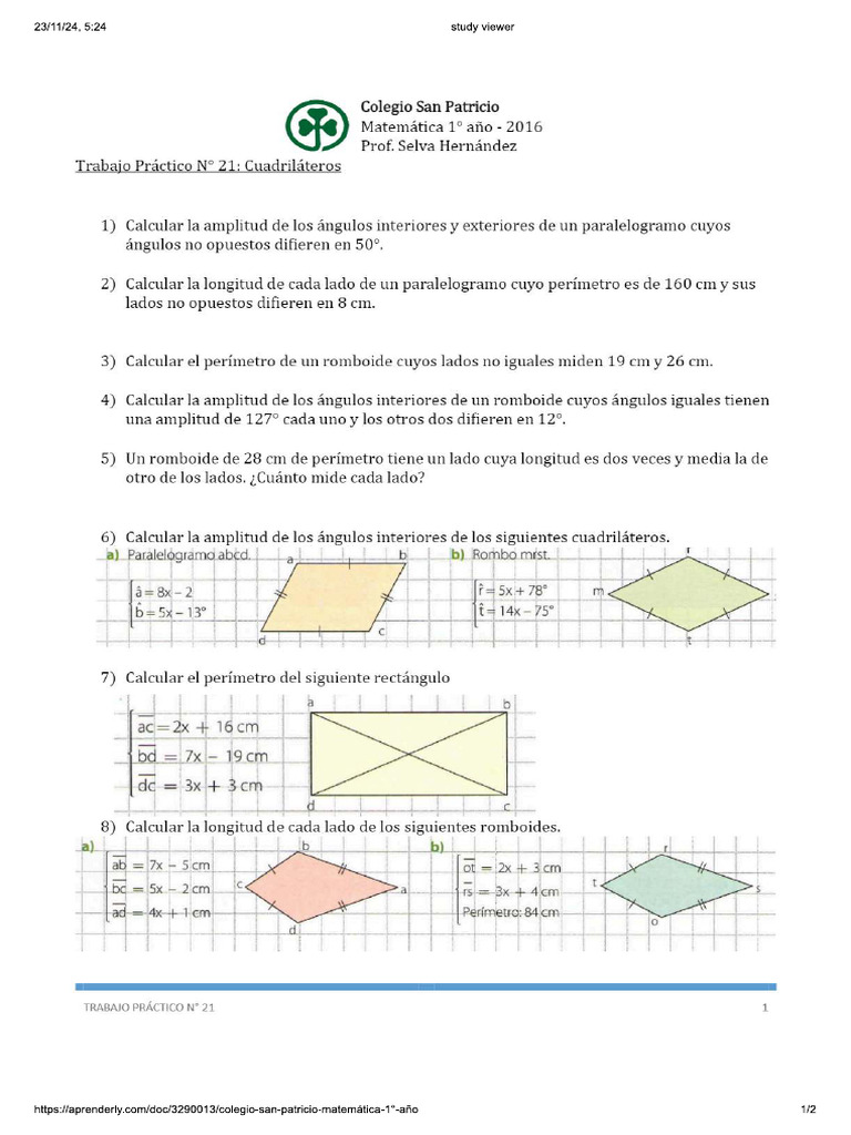 Colegio San Patricio Matemática 1° año | PDF