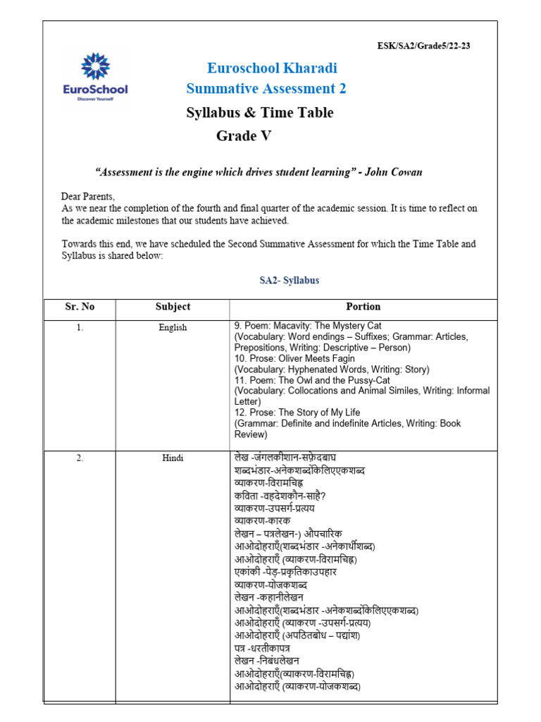 SA2 - Syllabus - Time Table Grade 5 - 2022-23 - 1357470707134500865SD - PDF | PDF | Linguistics