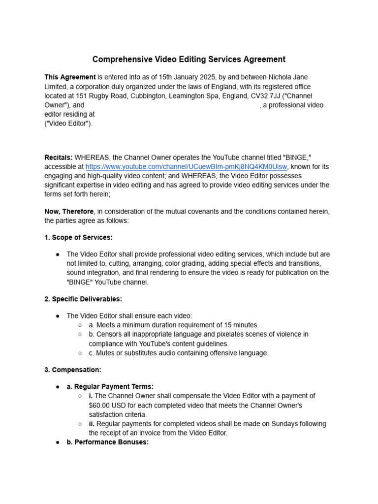 Comprehensive Video Editing Services Agreement For - BINGE | PDF ...
