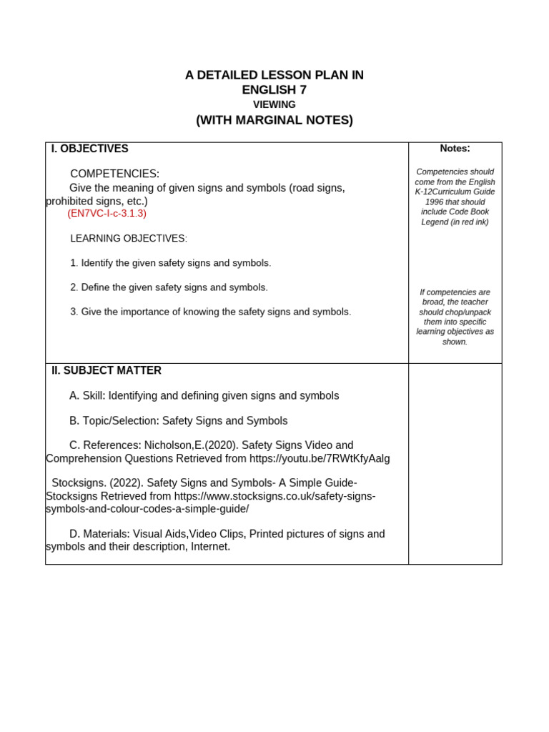 English 7 Lesson Plan: Safety Signs | PDF | Lesson Plan | Learning