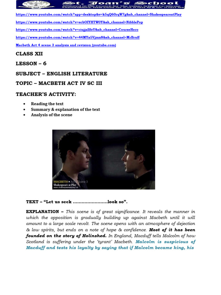 Class Xii English Literature Lesson 6 Macbeth Act IV SC III | PDF | Macbeth