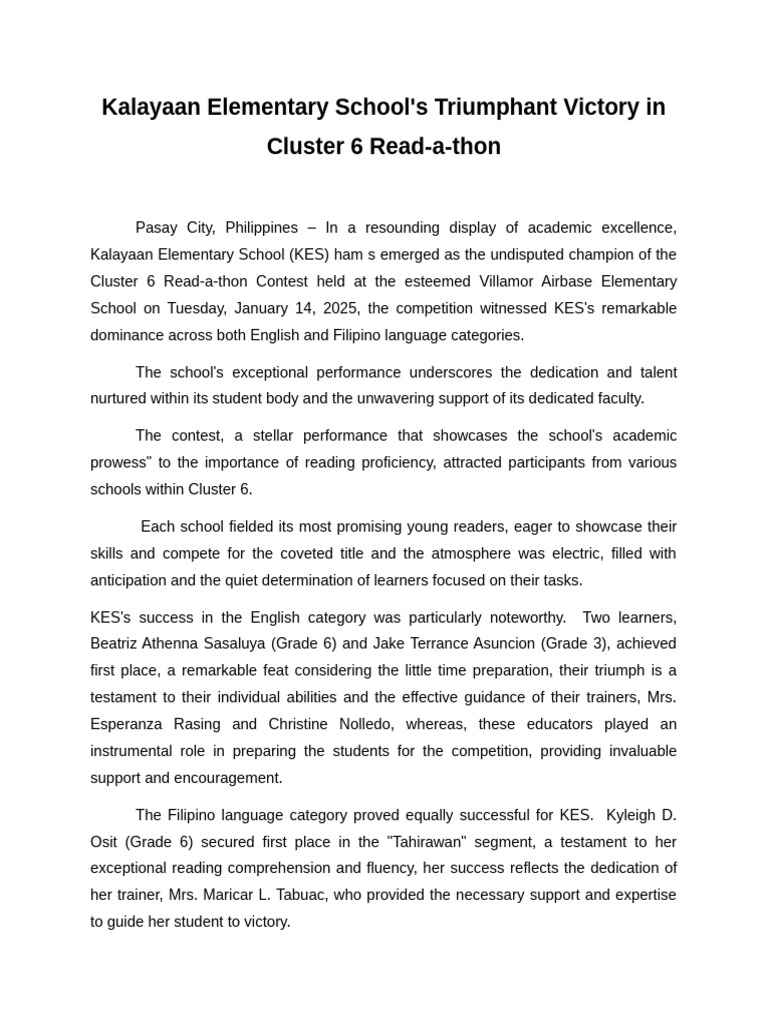 KES Wins Cluster 6 Read-a-thon Contest | PDF | Reading (Process ...