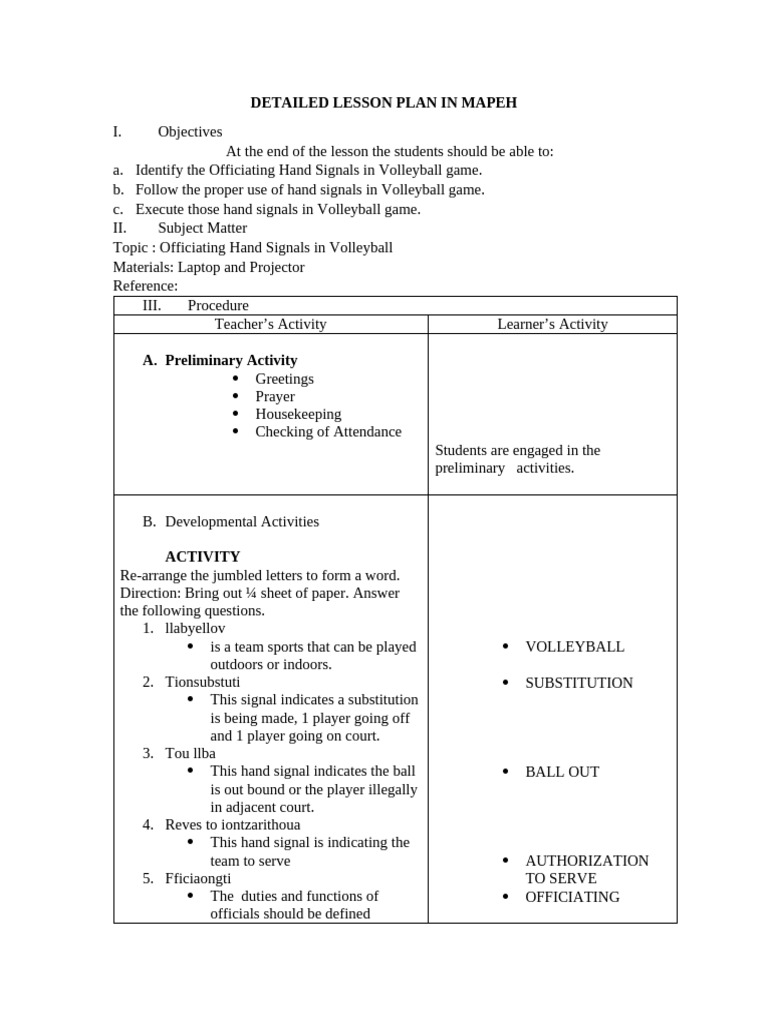 Detailed Lesson Plan in Mapeh 11 | PDF | Referee | Volleyball