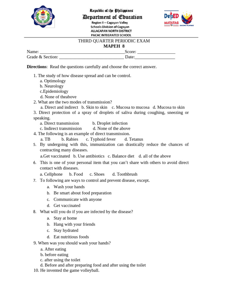 THIRD QUARTER PERIODIC EXAM in mapeh 8 | PDF | Volleyball