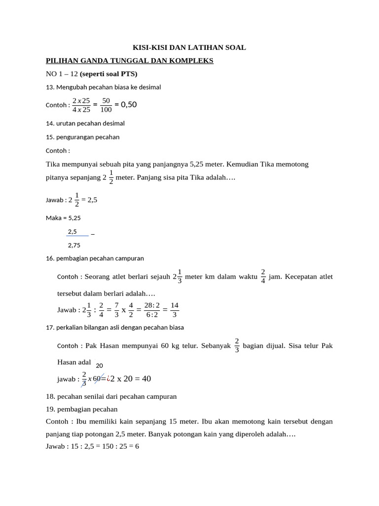 Kisi-Kisi Dan Lat Soal MTK 7 | PDF