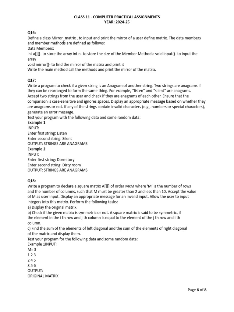 Class 11 - Computer Practical Assignments 24-25-1 | PDF | Matrix (Mathematics) | String ...
