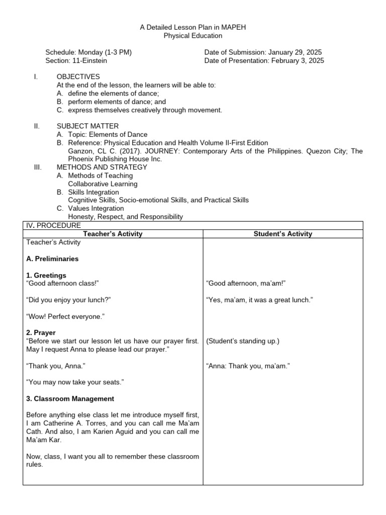 Final g11 Detailed Lesson Plan | PDF | Choreography | Dances