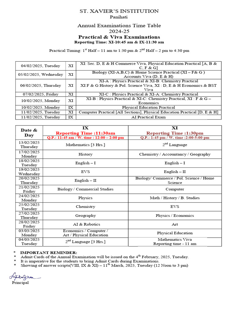 Annual Exam Timetable IX and XI | PDF