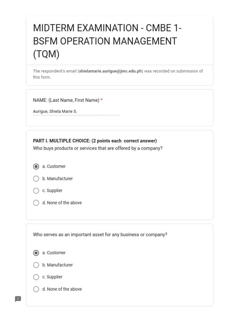 CMBE 1 Midterm Exam: TQM Concepts | PDF | Motivation | Motivational