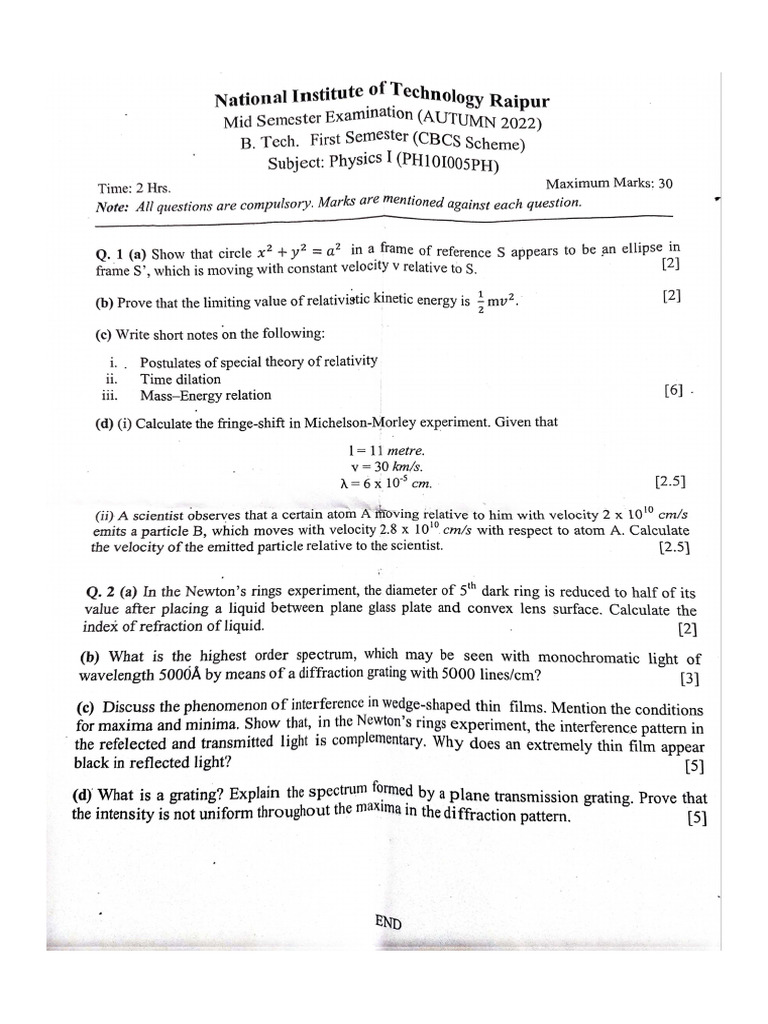 Physics - 1 Mid Sem-I | PDF